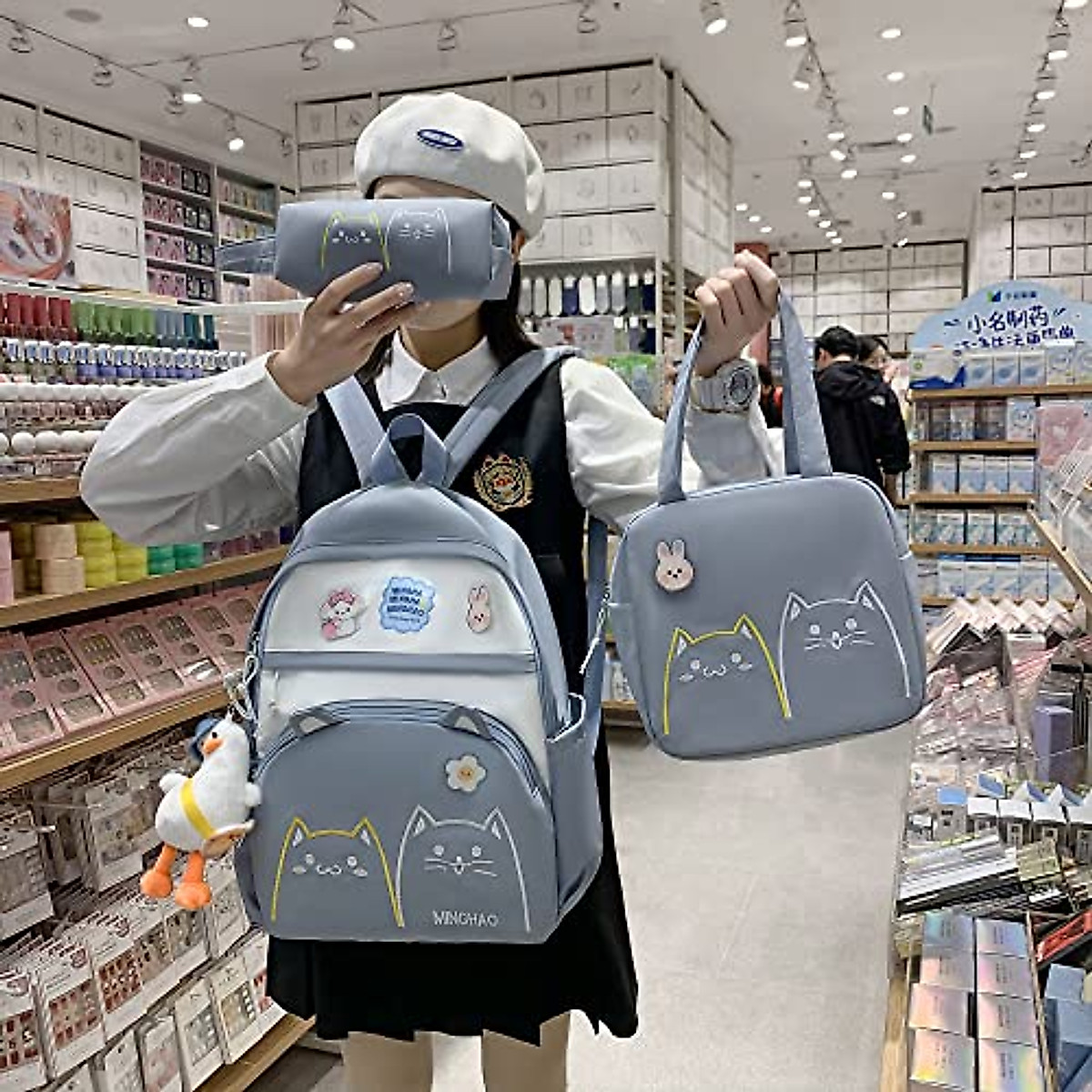DAHUOJI 3PCS Kawaii Backpack Set 17in Cat Embroidery Backpacks Aesthetic School Bag Cute Bookbag with Lunch Bag,Pencil Box,Duck Pendant & Badge,Blue