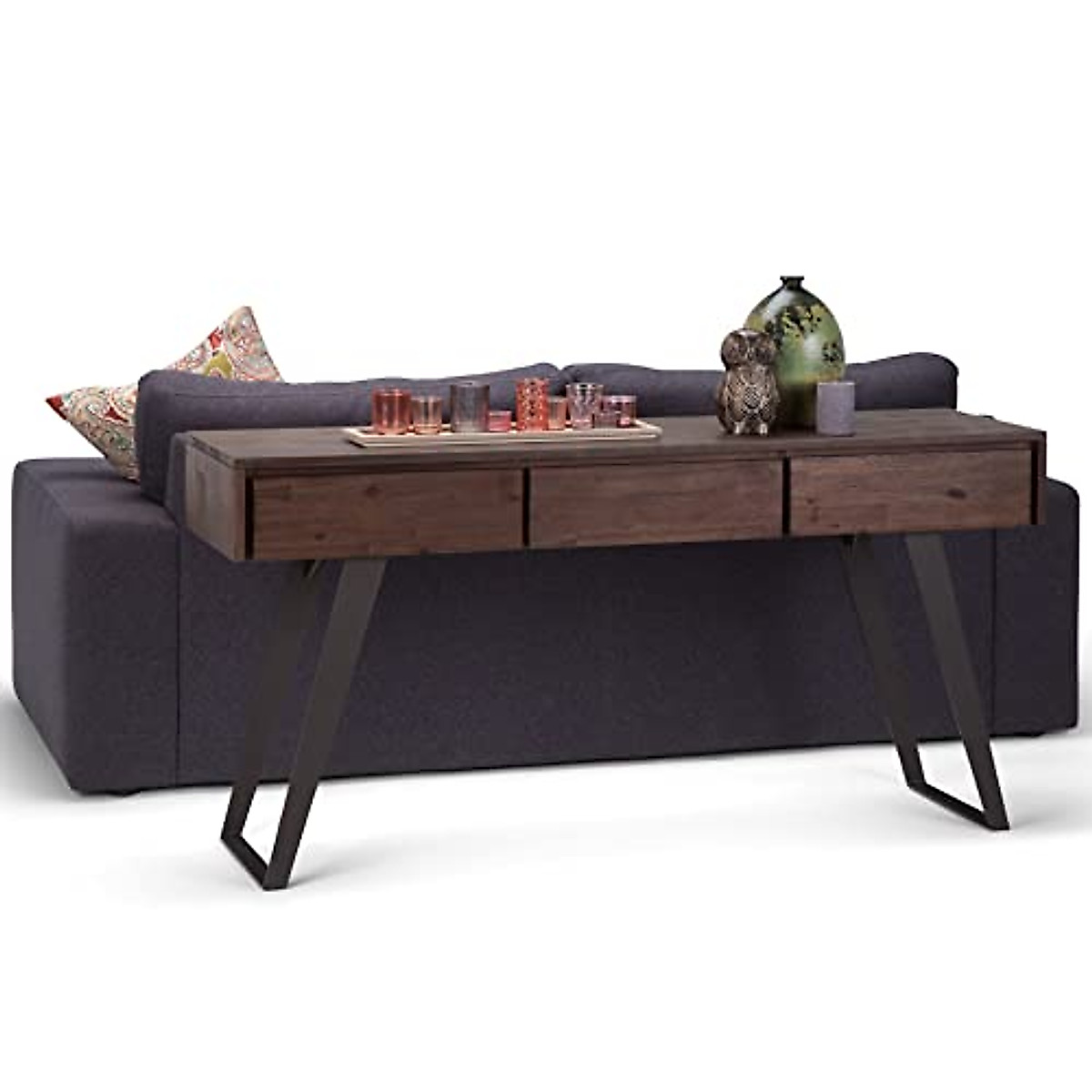 SIMPLIHOME Lowry SOLID ACACIA WOOD and Metal 60 Inch Wide Modern Industrial Console Sofa Table in Distressed Charcoal Brown, For the Living Room, Entryway and Bedroom