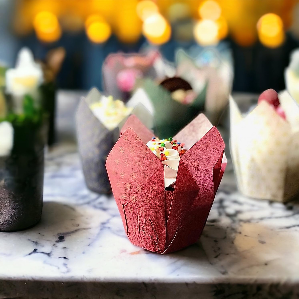 The Baker Celebrations 100 Gold Star Tulip Paper Cups 2 x 3 1/4 inch Muffin Liners; Cupcake Holders - Made in Canada - Green White Red and Blue (25 of each)