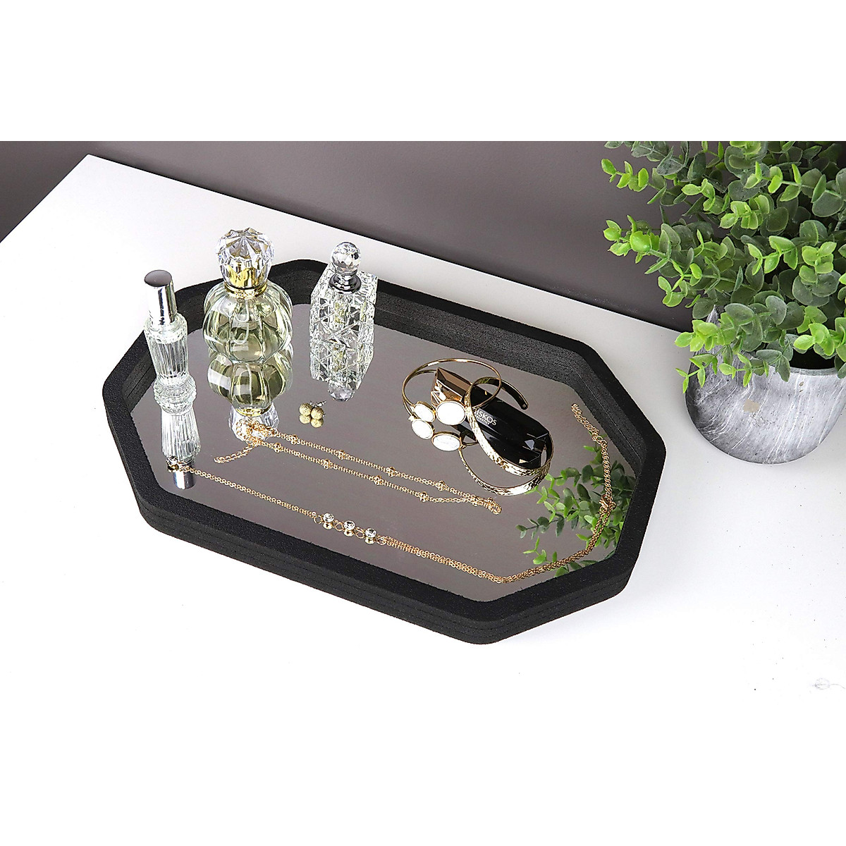 Polar Whale Polished Mirrored Bottom Vanity Organizer Tray for Home Bedroom Bathroom Perfume Jewelry Makeup Storage Stand Washable Durable Black Foam with Heavy Metal Mirror Large 14 x 9.5 Inches