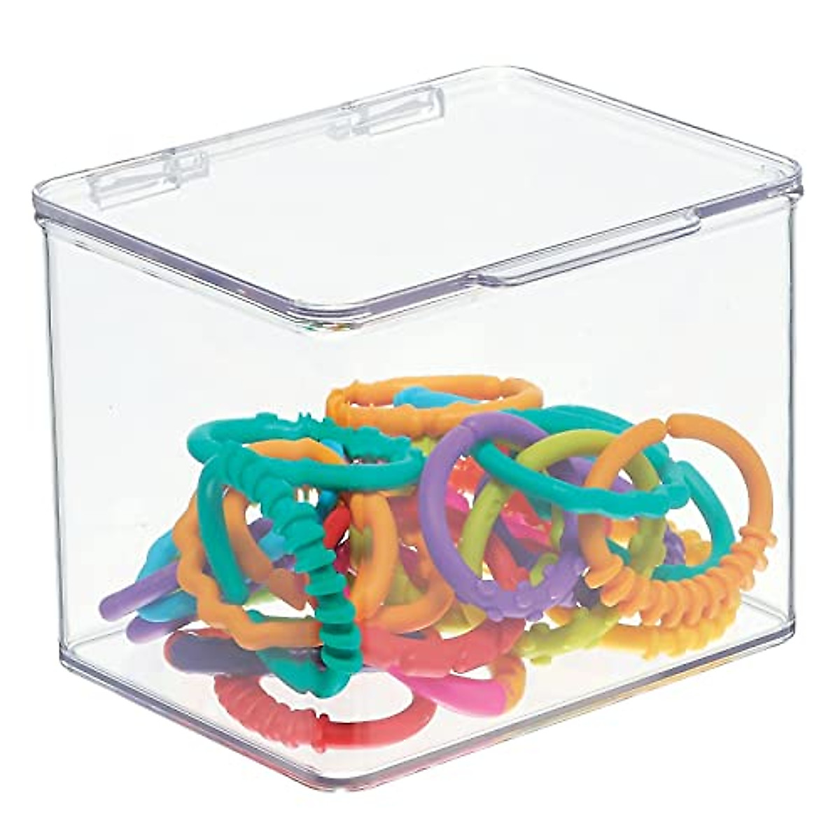 mDesign Plastic Playroom and Gaming Storage Organizer Box Containers with Hinged Lid for Shelves or Cubbies, Holds Small Toys, Blocks, Puzzles, Markers, Controllers, Lumiere Collection, 4 Pack, Clear