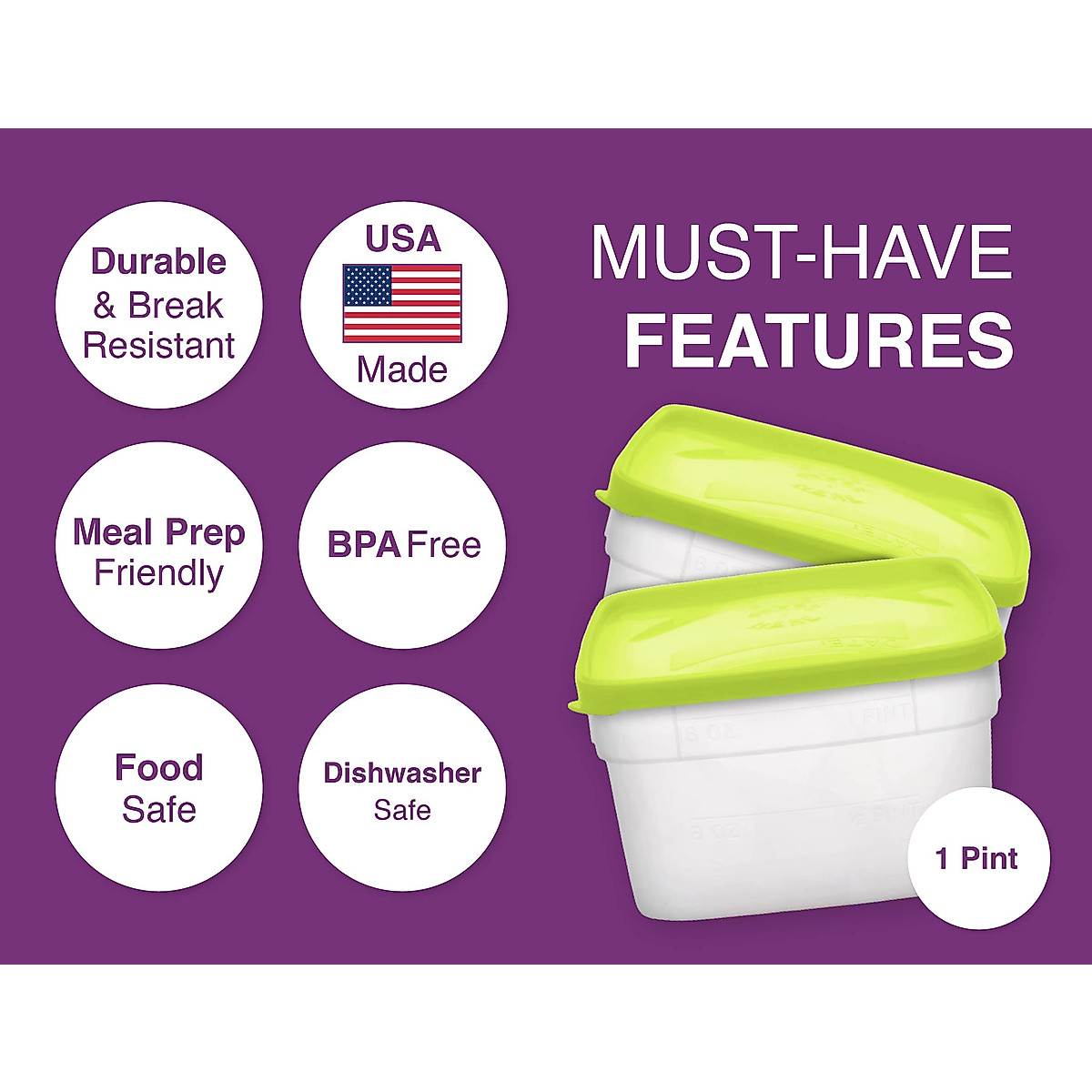 Arrow Home Products 1 Pint Freezer Containers for Food Storage, 10 Pack with Lids - USA Made Reusable Plastic Food Storage Containers - Prep, Store and Freeze - BPA Free, Dishwasher Safe