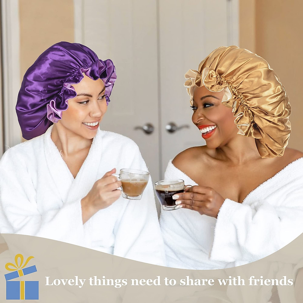 COOLCHI 2 Pieces Satin Bonnet Cap Elastic Double-Layer Silk Sleeping Head Cover for Women Adjustable Lined Hair Wrap for Long Curly Hair (Khaki+Purple)