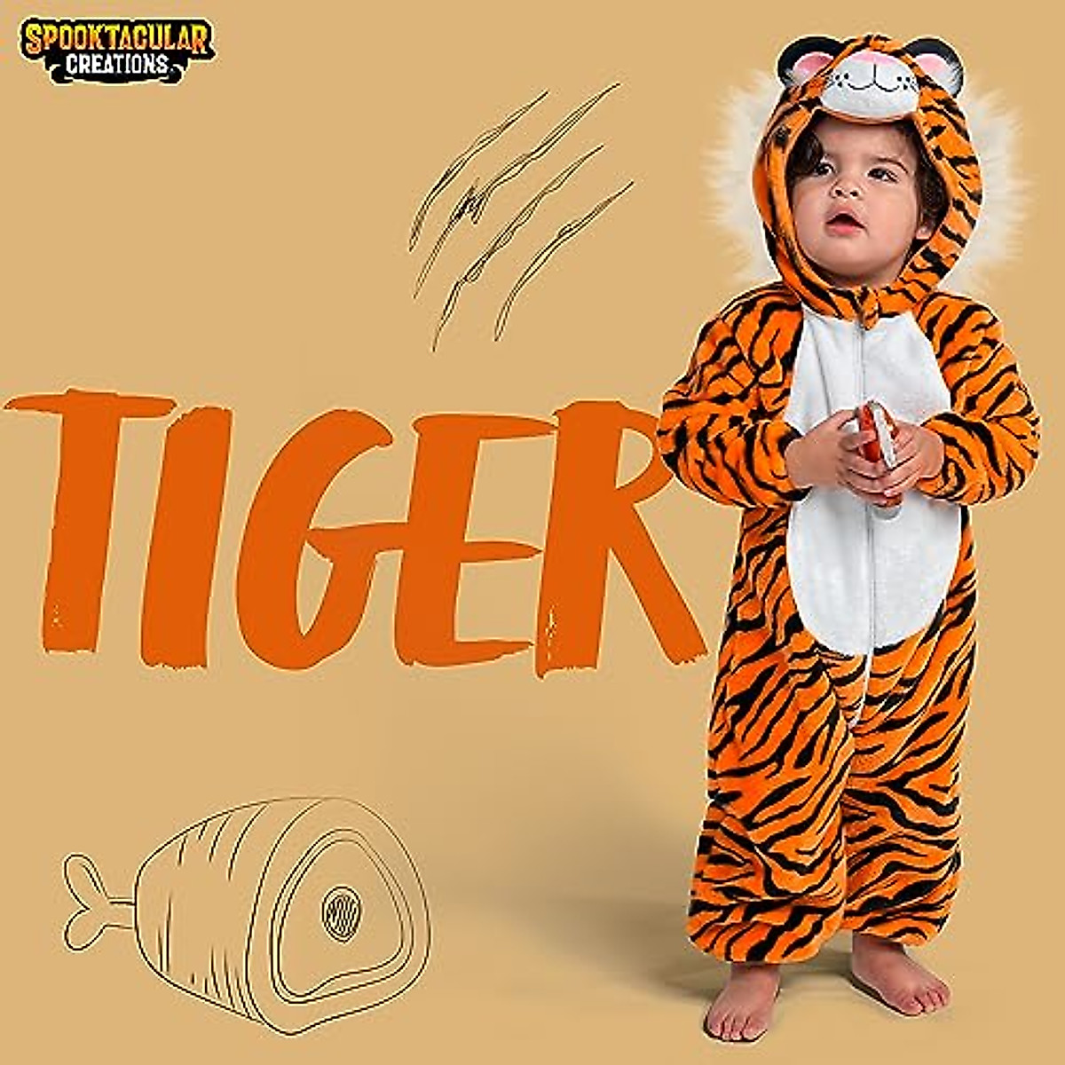Spooktacular Creations Halloween Baby Tiger Costume, Toddler Unisex Pajama Jumpsuit, Zip-up Romper Plush for Toddler Animal Pajamas Dress Up