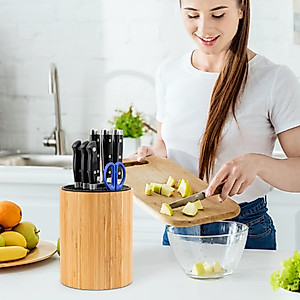 Diosbles Bamboo Universal Knife Block With Slots For Scissors And Sharpening Rod, Round Kitchen Knife Storage Holder Unique Slot Design To Protect Blade, Detachable Slot For Easy Cleaning