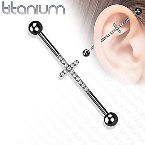Titanium Industrial Barbell with Cross CNC Set Lined CZ (Black/Clear)