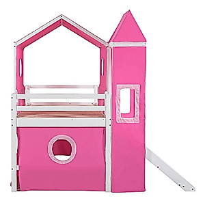 Merax Twin Over Twin House Bunk Bed, Kids Playhouse Bed, Solid Wood bunk Bed Frame with Slide Pink Tent and Tower, for Girls and Boys, Pink
