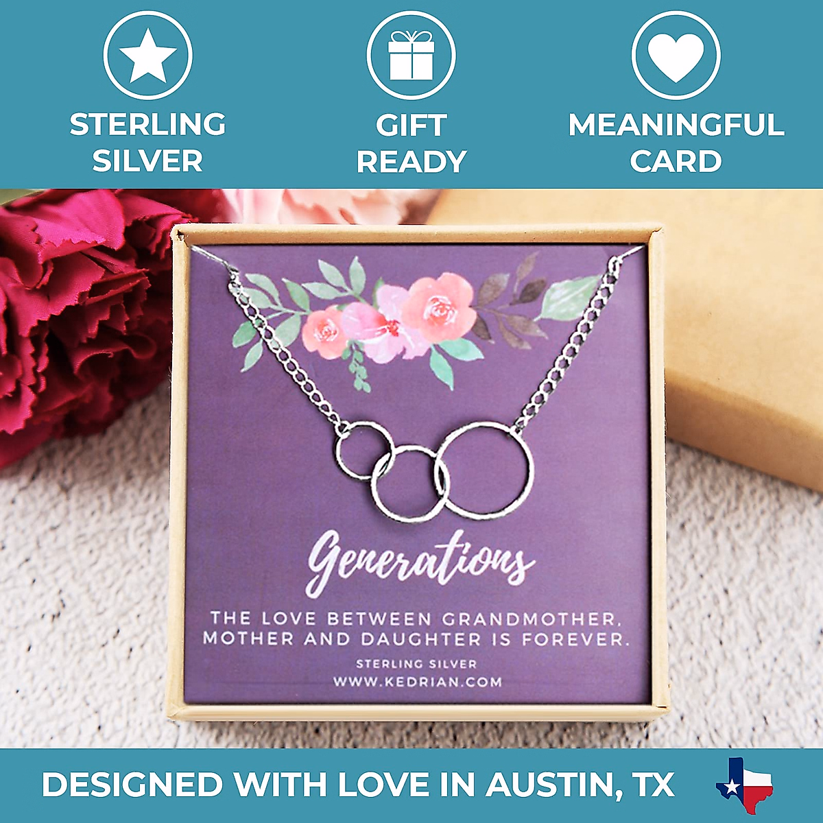 KEDRIAN Generations Necklace, 925 Sterling Silver 3 Generations Necklace, Best Grandma Gifts, Gigi Gifts for Grandma Necklace, Granddaughter Gifts From Grandma Birthday Gift, Great Grandmother Gifts