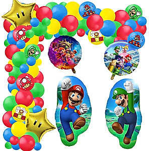 134 PCS Mario Birthday Party Balloon Decorations, Mario Balloon Garland Arch Kit Mixed Size 12 10 5 Inch Latex Balloons and Foil Balloons for Kids Birthday Party Favors Supplies