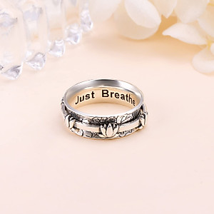 Ladytree Lotus Anxiety Relieve Spinner Rings Just Breathe Yoga Flower Fidget Ring Wide Band Oxidized Sterling Silver ADHD Stress Relieving Ring for Women(7)