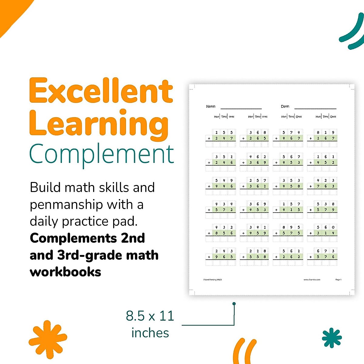Channie's One Page A Day Math Workbook, Triple Digit Math Practice Worksheets, 50 Pages Front and Back, 25 Sheets, Grades 2nd and 3rd, Addition and Subtraction workbook , Size 8.5” x 11”