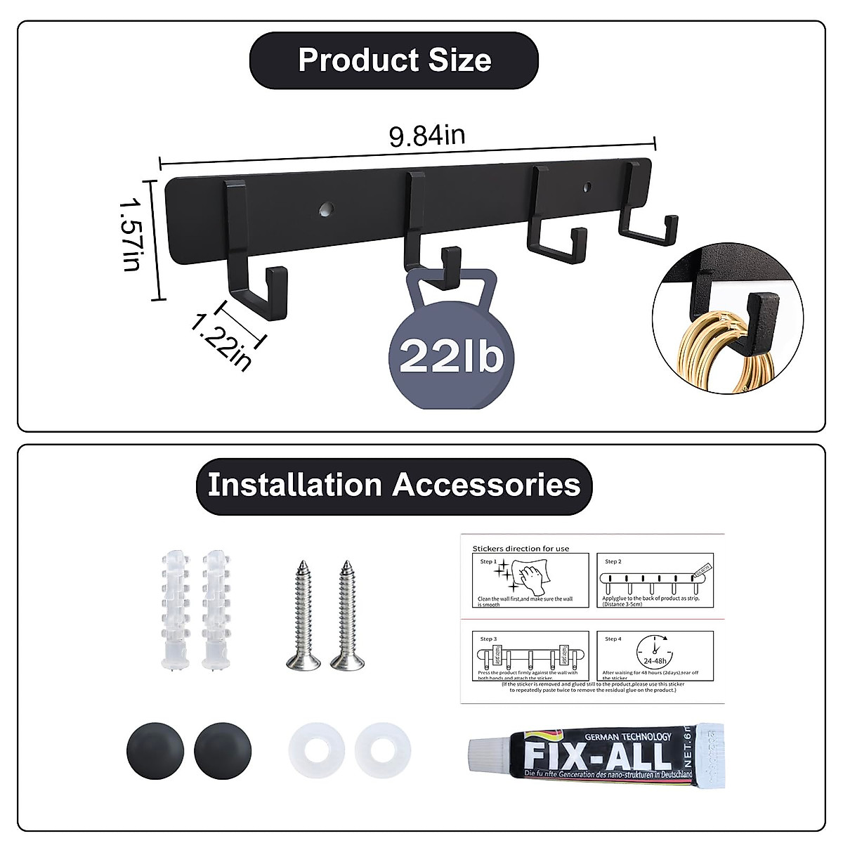 ADAMUMU Key Holder Hanging Utensil Holder with 4 Hooks Black Versatile Kitchen Rail Efficiently Organize Kitchen Towels Utensils and Small Cookware to Maximize Space