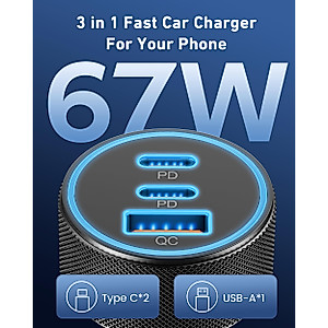 USB C Car Charger, 3-Port 67W Dual USB-C & USB-A Car Power Adapter PD/QC Fast Charging Cigarette Lighter for iPhone 16/15/14/13/12/11/Pro Max, iPad, Samsung Galaxy S25 S24/S23/S22/S21, Pixel, Android