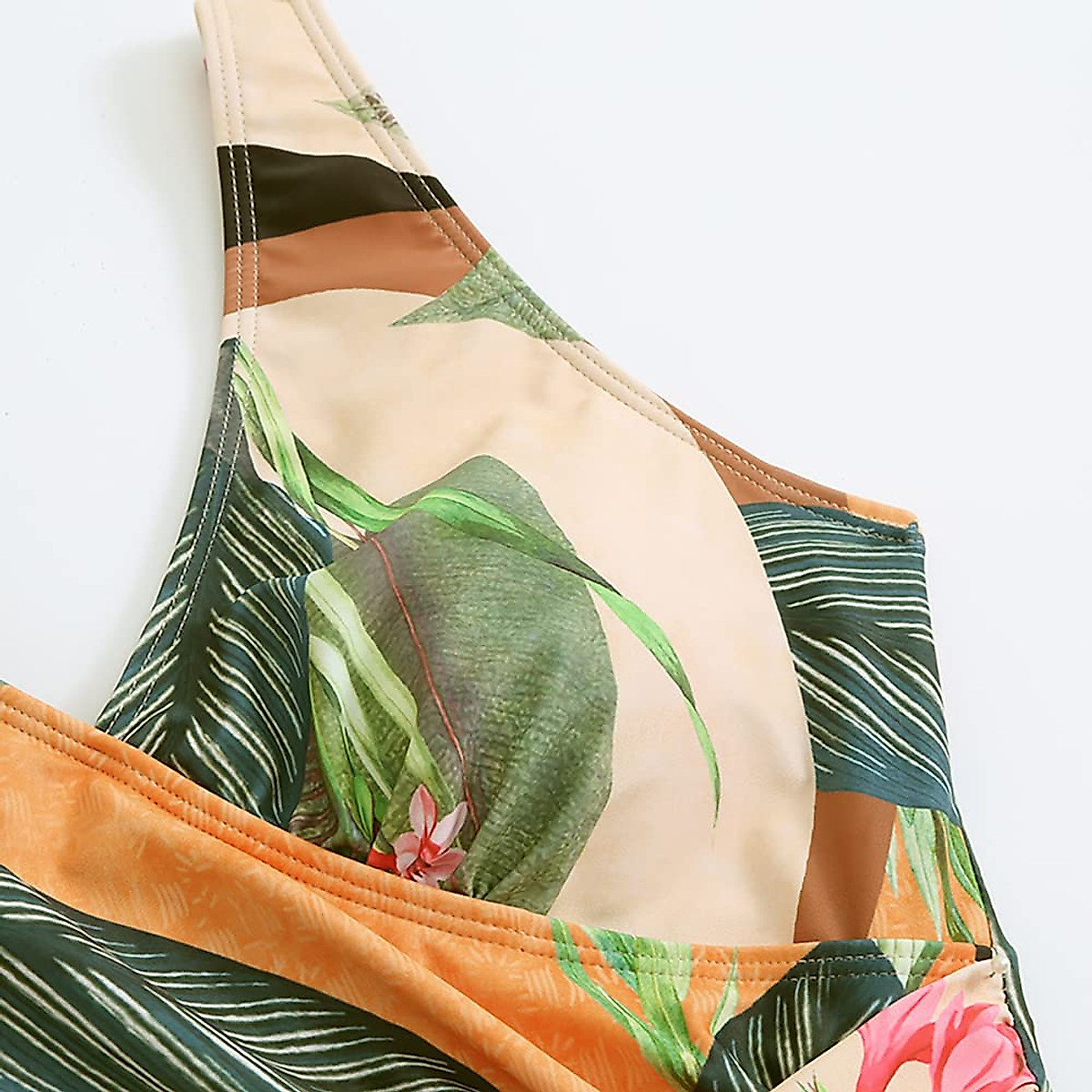 Women's One Piece Swimsuit with Cover up Beach Skirt Retro Floral Printed Swimsuit Bathing Suit Ruffle V-neck Monokini Swimwear Sarong Coverups Two Piece Bikini Set Beachwear Light Apricot Floral L