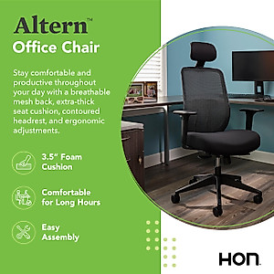 HON Altern Ergonomic Office Chair with Headrest - 3.5 Inch Thick Foam Cushion Seat Mid Back Mesh Desk Chair - Adjustable Lumbar Support, Arms, Synchro-Tilt Tension, Seat-Slide Controls - Black