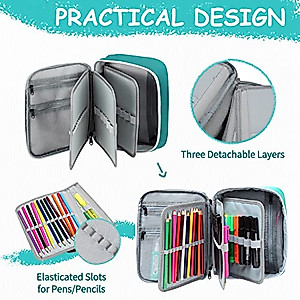 VASCHY Large Pencil Case, Art Color Pencils Pouch with Detachable Layers Multiple Zip Pockets for School Office Stationary Organization Turq