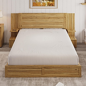 Queen Bed Frame with Rechargeable Nightstand, Wooden Platform Bed with Headboard, Sturdy and Noiseless, No Box Springs Needed, Easy to Assemble, Rustic Wood