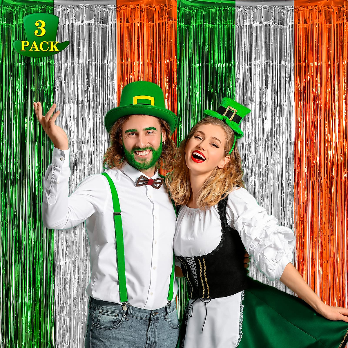 LOLStar 3 Pack St. Patrick's Day Foil Fringe Curtains St Patricks Day Party Decoration 3.3x6.6 ft Green White Orange Tinsel Fringe Curtain Photo Booth Prop Streamer Backdrop for Irish Party Decoration