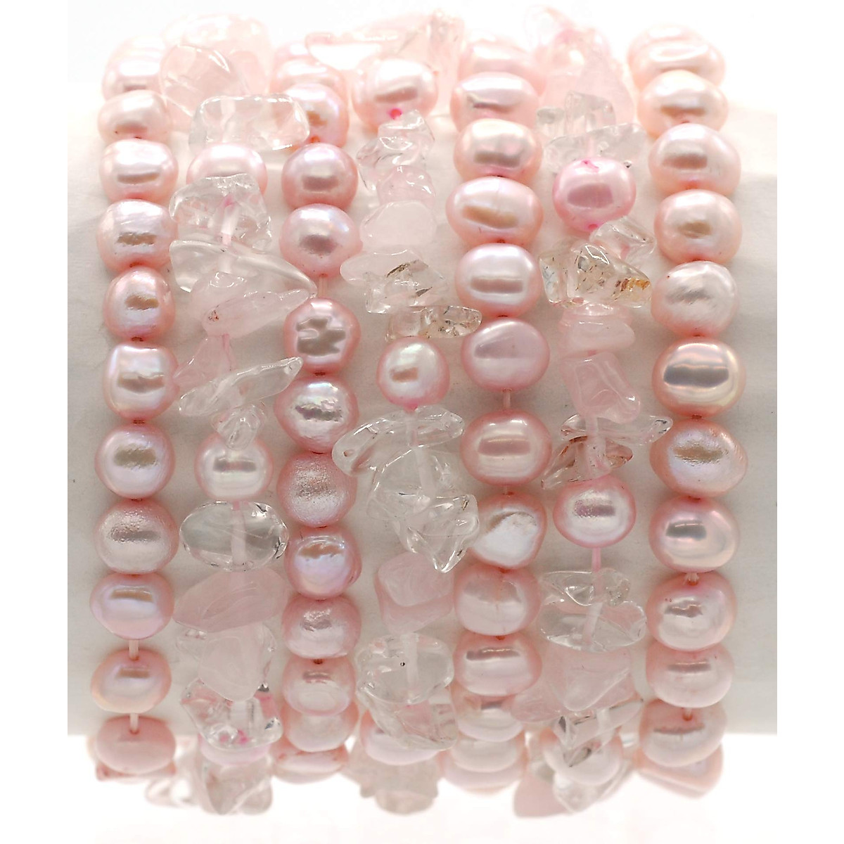 LTC Designs Set of 7 Dyed Pink Cultured Freshwater Baroque (5.5-6mm) Pearl and Rose/Crystal Quartz Stretch Bracelets, 7.5" for Women