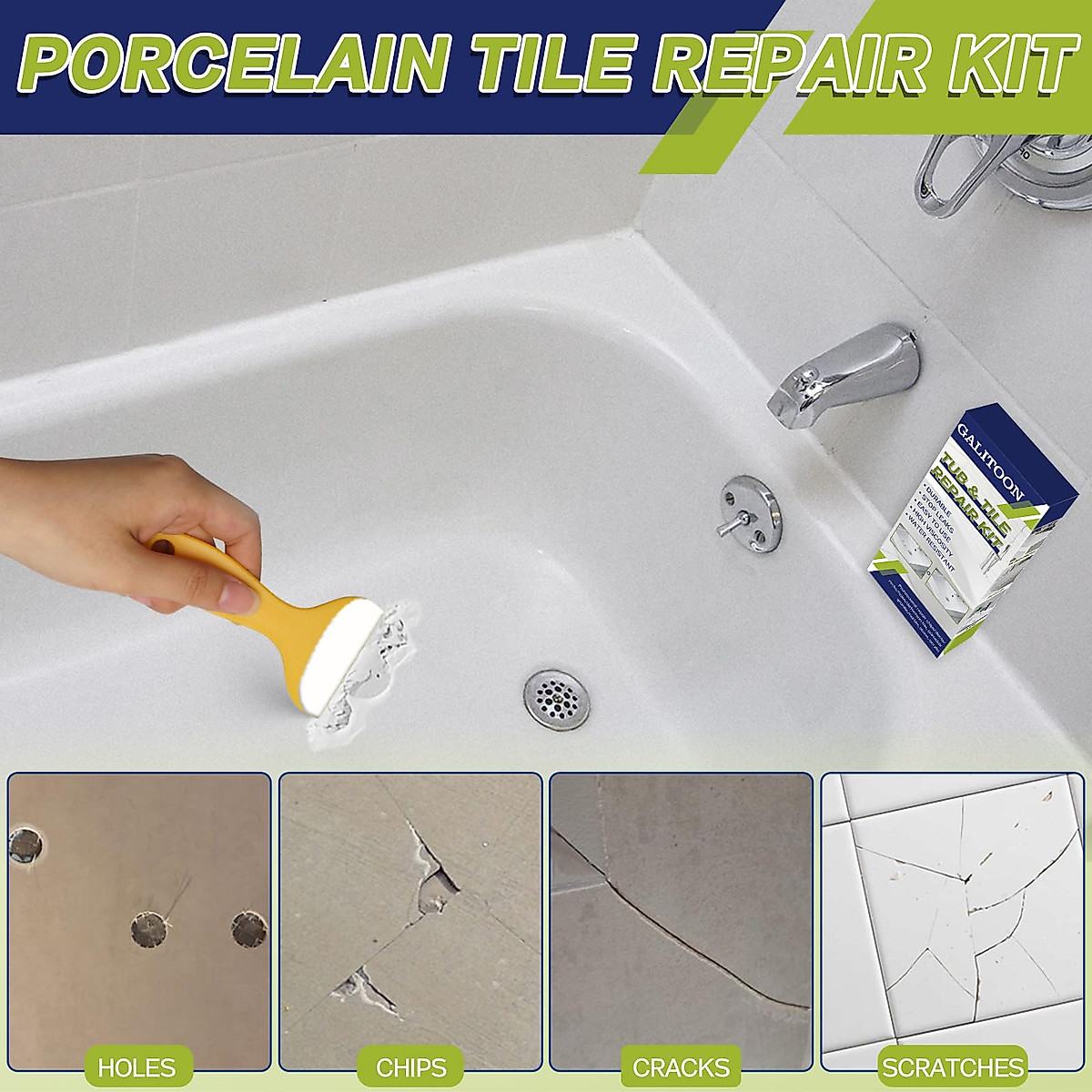 Porcelain Repair Kit, Fiberglass Tub Repair Kit, Shower Sink, Bathtub and Countertop Tile Repair Kit, Repair Chips Dents Cracks Scratches from Ceramic, Marble, Quartz, Resin, Acrylic (White)