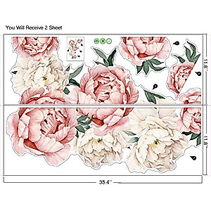 Flowers Wall Decals Floral Wall Stickers Peel and Stick Pink Peonies Wall Murals Rose Flower Wall Decor for Bedroom Girls Room Living Room Nursery