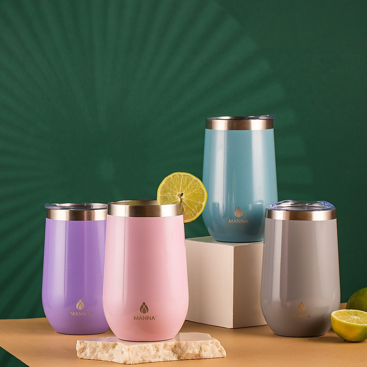 Manna Airén Double Wall Insulated Stainless Steel Stemless Wine Cup Tumbler with Splash-Proof Lid - 16 Oz - Ballet Slipper