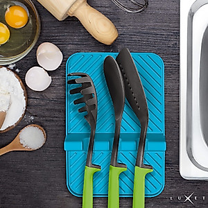 Luxet Updated Spoon Rest for Kitchen Counter, Heat-Resistant Silicone Utensil Rest for Countertop with Drip Pad,Non-Slip Spoon Holder for Stove Top Kitchen and Grill Utensil Holder Lid BPA-Free (Blue)