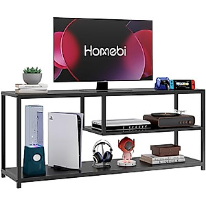 HOME BI TV Stand for 50-55 Inch TV, Entertainment Center with Storage, Wood Console for Living Room, Black Cabinet with Metal Frame