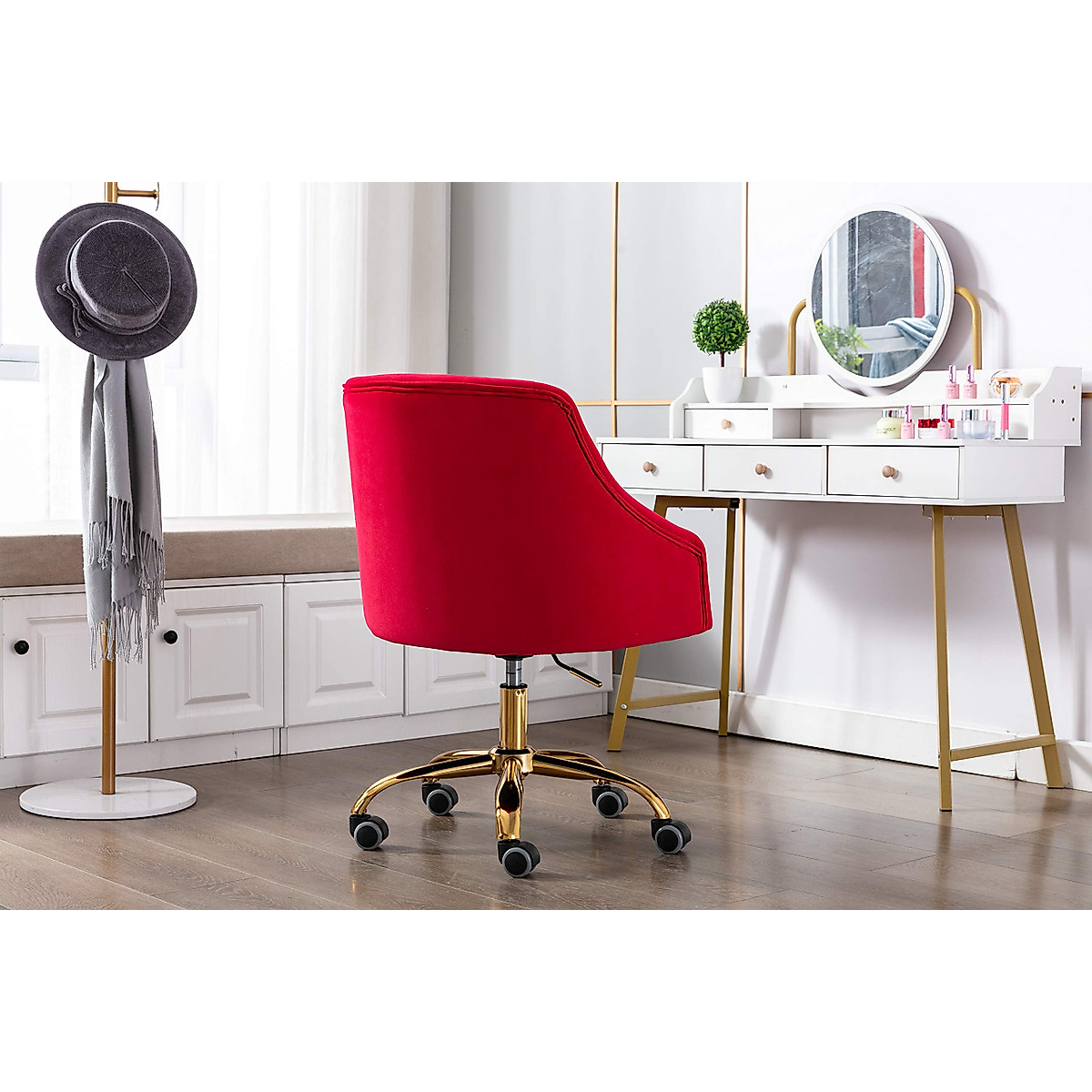 ZOBIDO Comfy Home Office Task Chair with Wheels, Cute Modern Upholstered Velvet Seashell Back Adjustable Swivel Vanity Desk Chair, for Women, for Kids, for Girls, Living Room, Bedroom, (Red)