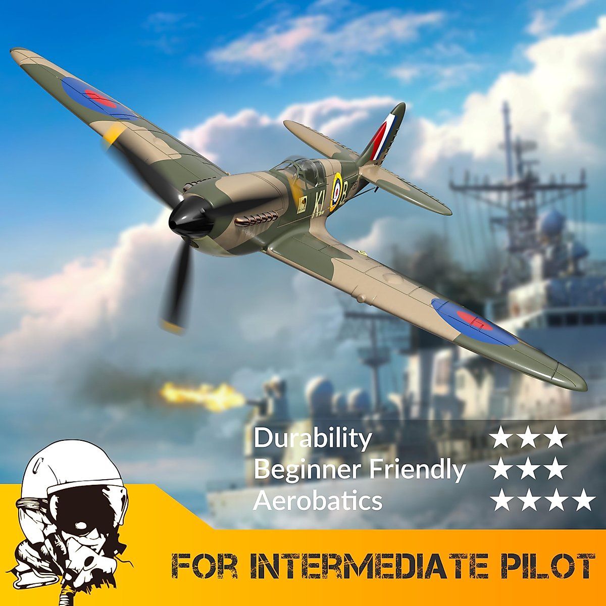 VOLANTEXRC 4-CH Spitfire One Key Remote Control Airplane with Xpilot Stabilization, Gyroscope, 3 Level Control, and Lightweight Design, Camouflage