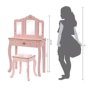 UTEX Pretend Play Kids Vanity Table and Chair Vanity Set with Mirror Makeup Dressing Table with Drawer，Play Vanity Set,Pink