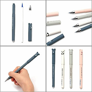 Jinja Brands 12 Pcs Erasable Pens Cute Animal Writing Gel Ink Pen Cartoon Cat Pig Bear Panda 0.4mm Black Ink Ballpoint Rollerball Pens for Student Gift Stationery Office Supplies Friction Erasable