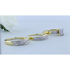 Dazzlingrock Collection 0.36 ctw Round White Diamond Square Head Trio Ring Set in 18K Yellow Gold Plated Sterling Silver, Women Size 7 & Men Size 10