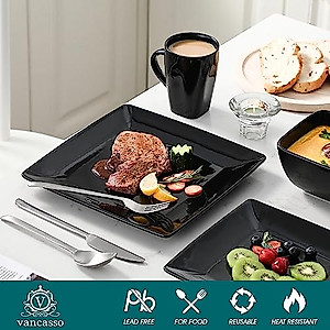 vancasso, Series SOHO, Stoneware Square Dinner Set Black 16 Piece Kitchen Dinnerware Service Plate Crockery Set with 16-Piece Dinner Plates, Dessert Plate,Bowls and Mugs, Service for 4