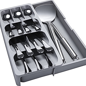 KAKUNM Flatware Drawer Organizer Expandable Adjustable Utensils Silverware Tray for Drawer, Spoon Knife and Fork Partition Storage,Large, Gray