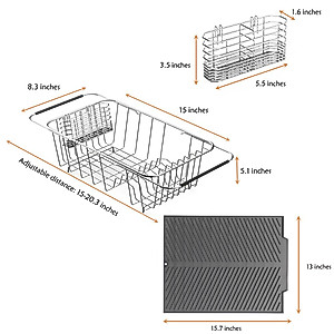 YEECOPON Dish Rack in Sink, Expandable Over The Sink Dish Drying Rack with Utensil Holder and Silicone Drainage pad (Small + 16" Silicone pad)