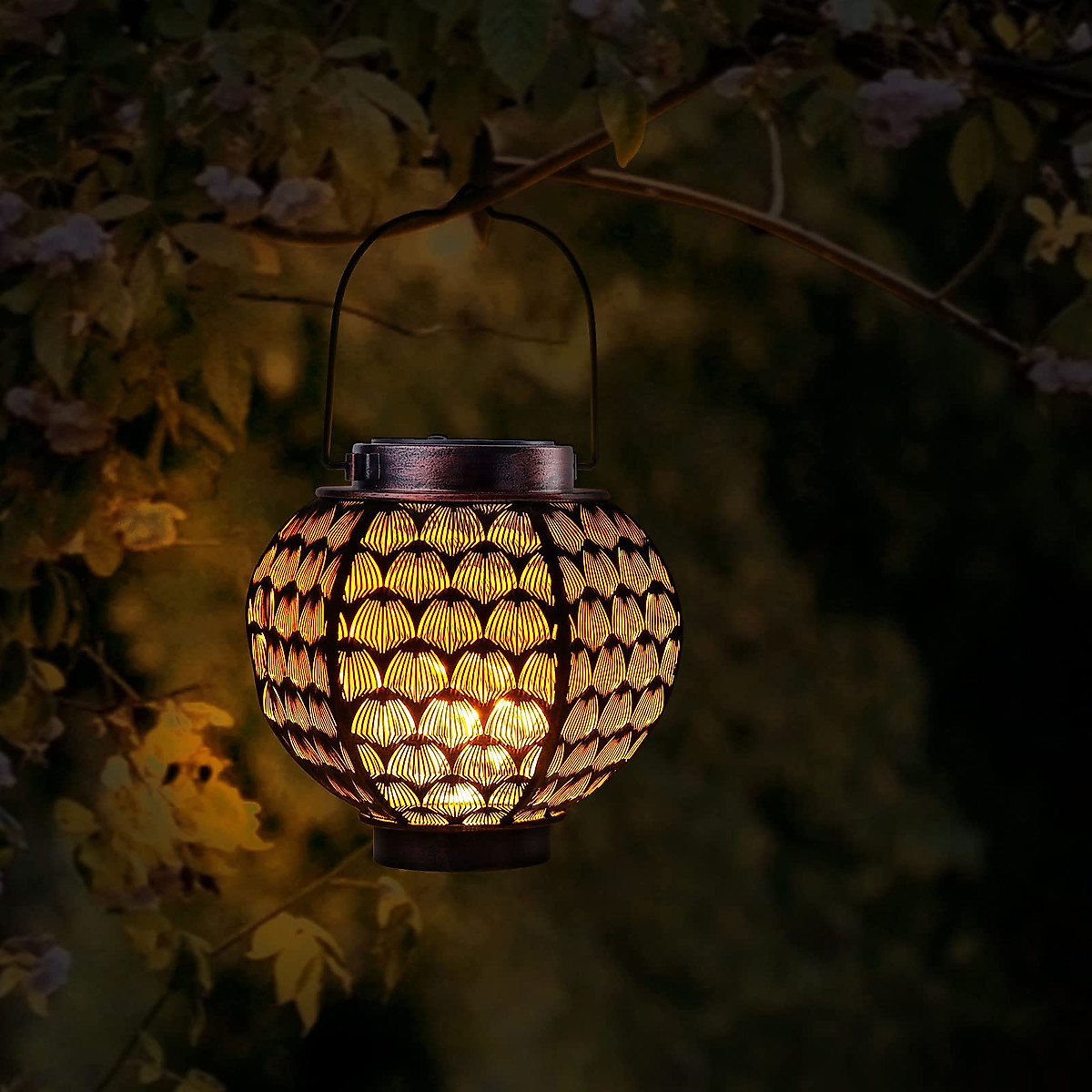 Bownew Outdoor Hanging Solar Lantern Outside Waterproof Metal Solar Powered Lights Decor for Garden Patio Deck Lawn Pathway Yard Porch Balcony Tabletop and Tree