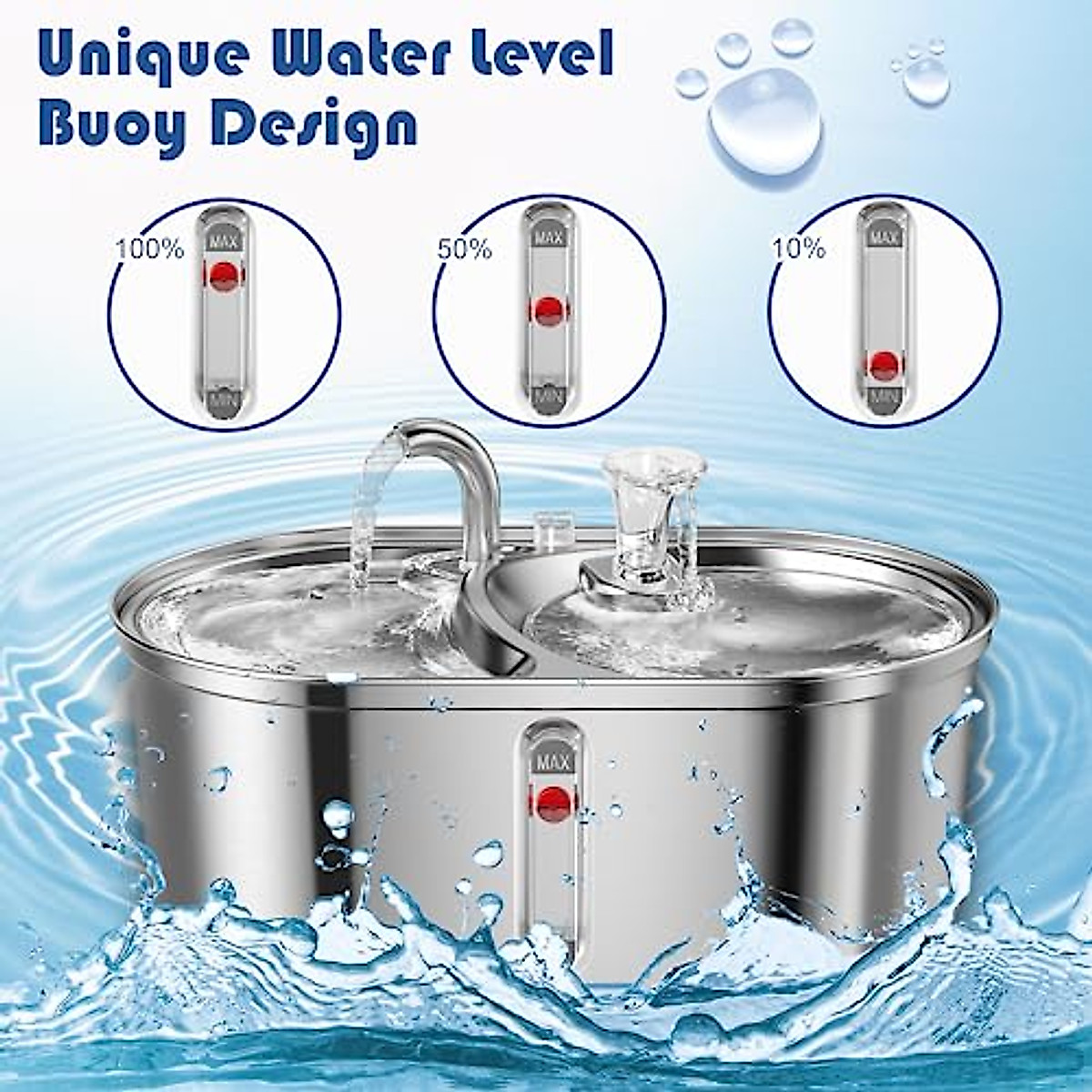 MewDgland Cat Water Fountain 3L/101oz Stainless Steel, 2 in 1 Cat Food Bowl and Pet Water Fountain for Cats Inside, Quiet Automatic Water Dispenser for Dogs and Cats