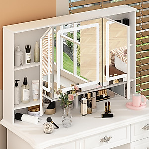 ECACAD Modern Makeup Vanity Desk with Lighted Mirror, Vanity Table Dressing Table with 9 Drawers, Hidden Shelves & Foldable Mirror, 3 Color Lighting Modes, Brightness Adjustable, White