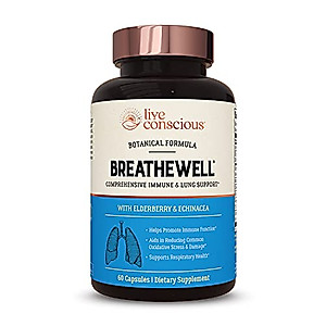 Live Conscious BreatheWell Botanical Respiratory Immune Supplement | with Echinacea, Elderberry, Zinc | Immune System Support Vitamins 60 Capsules