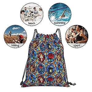 Bihoa Beauty and Beast Fairytale Glass Drawstring Backpack for Men Kids String Bag Sackpack Water Resistant Women Hiking Yoga Travel Beach