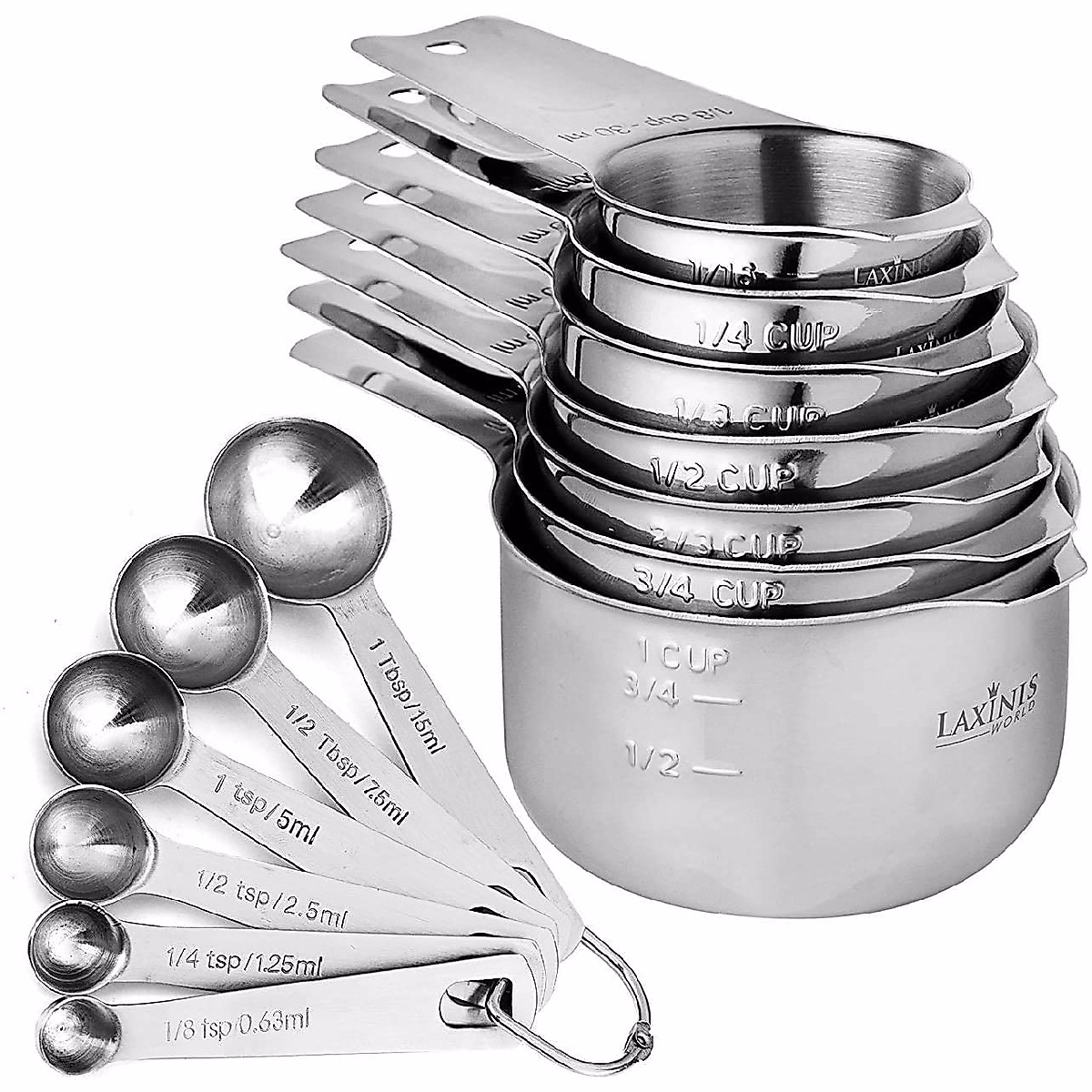Measuring Cups and Spoons Set - Premium 13-Piece Stainless Steel, 7 Cups & 6 Spoons, Stackable, Ideal for Accurate Liquid and Dry Ingredient Measurement. By Laxinis World