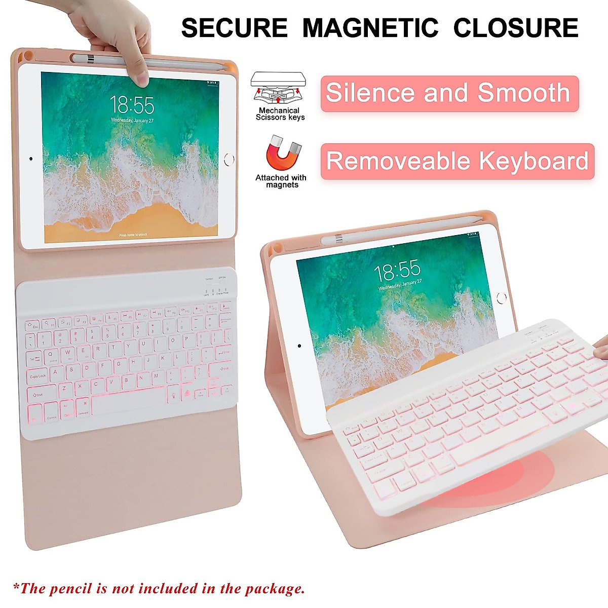 BLUTLOTUS Keyboard case for iPad 9.7 Inch Air 2, iPad 5th/ 6th Generation (2017/2018) with Keyboard Detachable, 7 Color Wireless Backlit Keyboard, Smart Folio Cover with Pencil Holder(Pink)