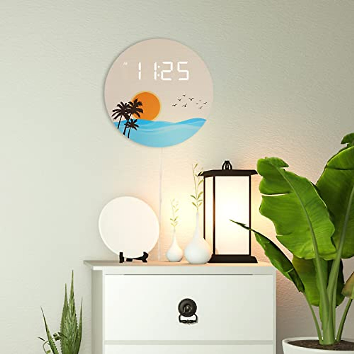 DMDMBSR USB Plug in Digital Wall Clock, Sunset Ocean Wave Design, 12/24Hr Wall Mounted Digital Clock, LED Wooden Silent Wall Clock for Living Room Bedroom Classroom Office (10In Off White)