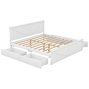 LZ LEISURE ZONE King Size Platform Bed, Wooden Platform Bed Frame with 4 Storage Drawers and Support Legs, No Box Spring Needed, White