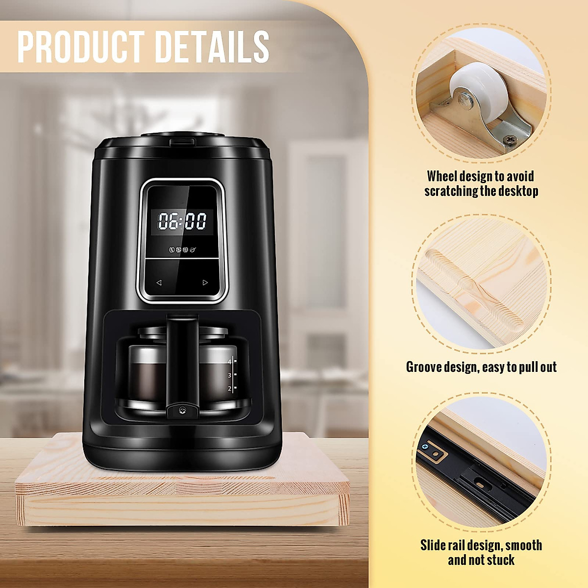 2 Pcs Wooden Kitchen Appliances Slider Handy Sliding Tray for Coffee Maker Kitchen Appliance Moving Caddy Countertop Slider with Smooth Rolling Wheels for Blender, Toaster, Air Fryer