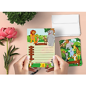 Leigha Marina Jungle Animals Party Invitation Cards for Kids, 20 Invites & 20 Envelopes - Fill in the Blank Greeting Notes - Multi-Use, Birthday, Themed Celebration