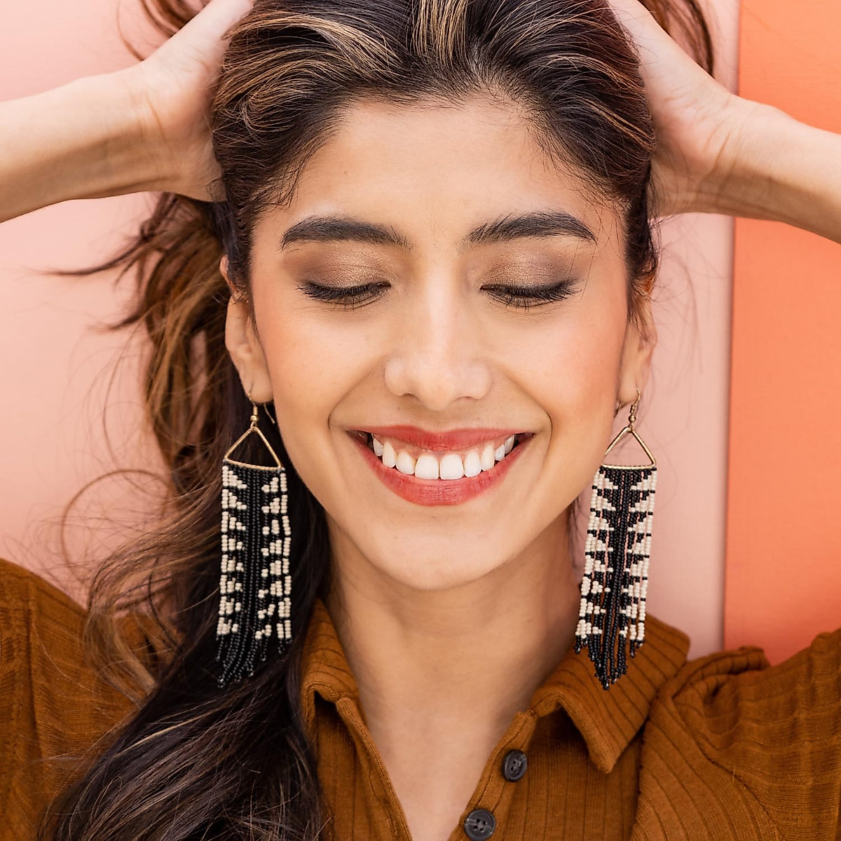 INK + ALLOY Women's Fringe Seed Bead Dangle Earrings Handmade Jewelry for the Modern Bohemian (Black with Ivory Arrow), 4.5-Inches