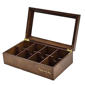 Large Capacity Wooden Tea Box Organizer, tea box storage & tea bag holder with 8 Compartments and Drawer, decorative box vintage tea box handmade wooden tea box, Walnut Color, With Window Lid