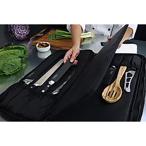 Waxed Canvas Chef Knife Bag Holds 19 Knives PLUS Knife Steel Meat Cleaver and Large Storage Compartments! Our Most Durable Professional Line Knife Carrier Includes Custom Padlock! (Bag Only) (Black)